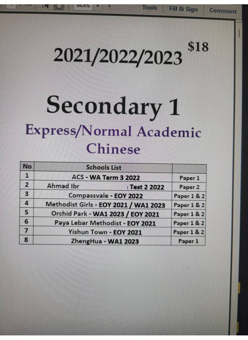 Exam Paper Secondary 1 (2019/2018)